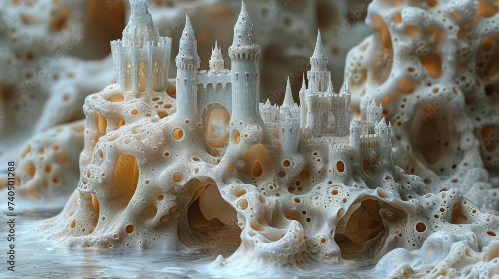 Kevlar fibers under the microscope showing a fortified castle where micro knights and dragons ...