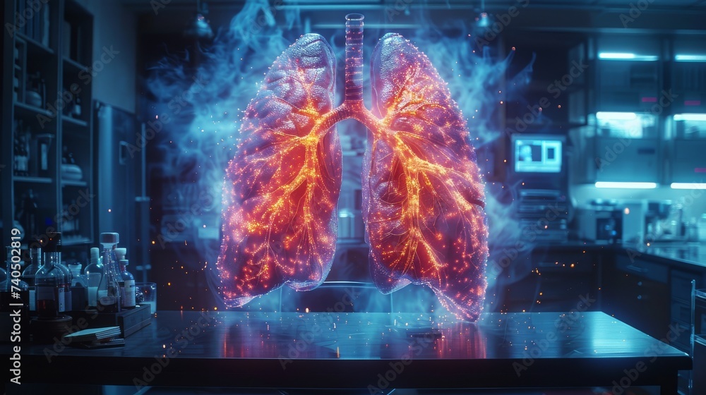 Lungs with an advanced respiratory support system showing oxygen ...