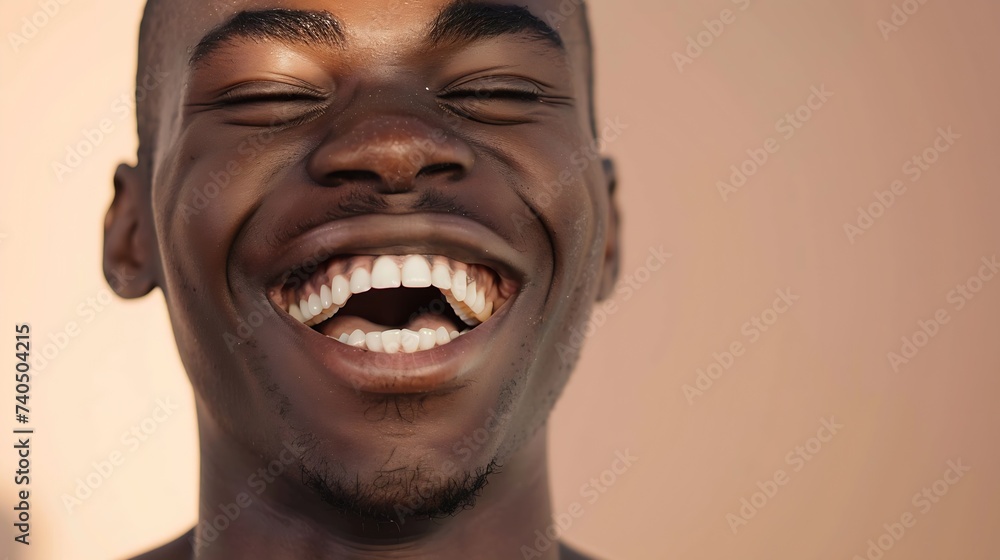 Handsome unshaven young darkskinned male laughing out loud at funny ...