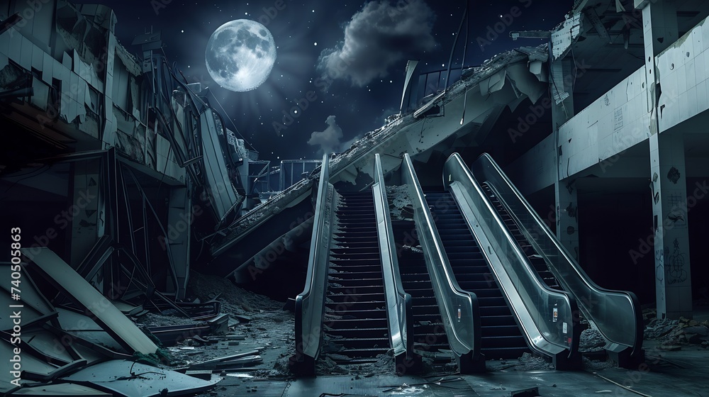 Dramatic view of damaged escalators in abandoned building. Full moon ...