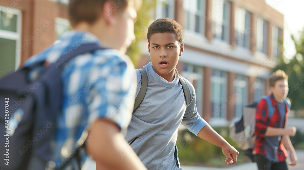 Teenager confronting a bully at schoolyard, concept for anti-bullying ...