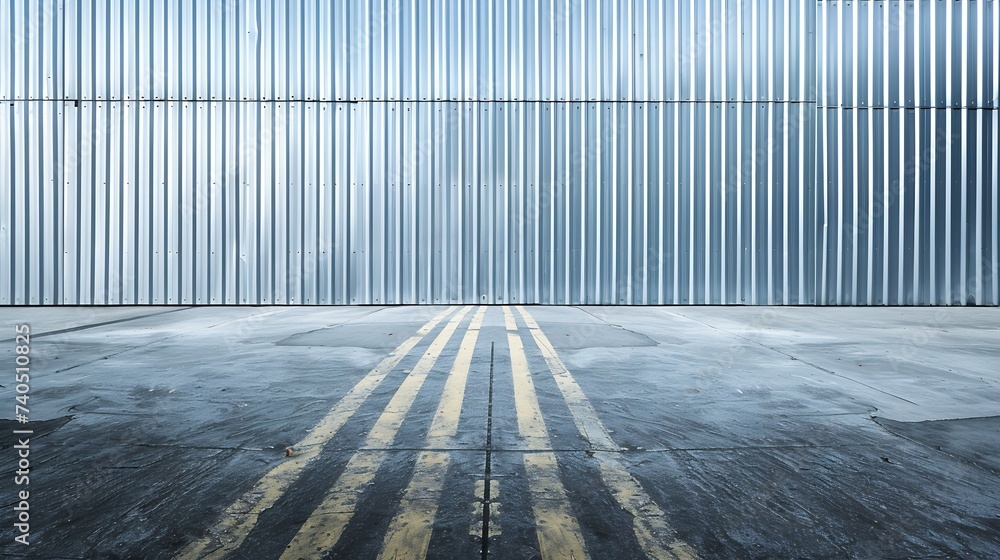 Exterior wall of warehouse made of aluminum sheet and paved road in ...
