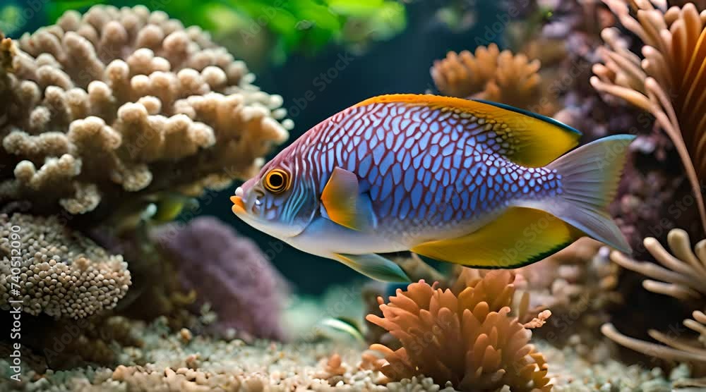 blue and yellow fish gracefully swims along the ocean floor, its vivid ...