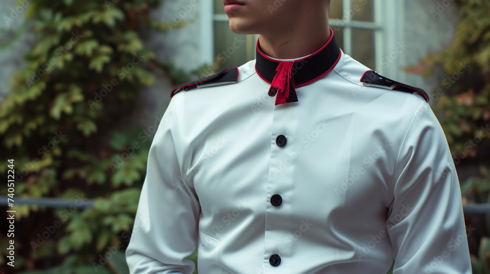 A crisp white shirt with black piping and a red neck scarf evoking ...