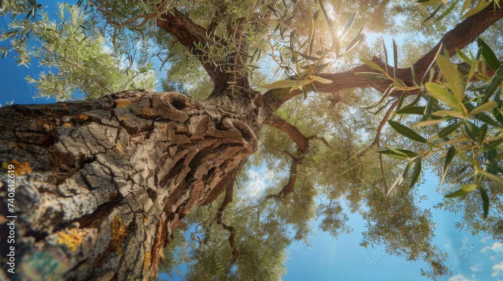 Large tree view from below. Closeup tree trunk with bark and branches ...