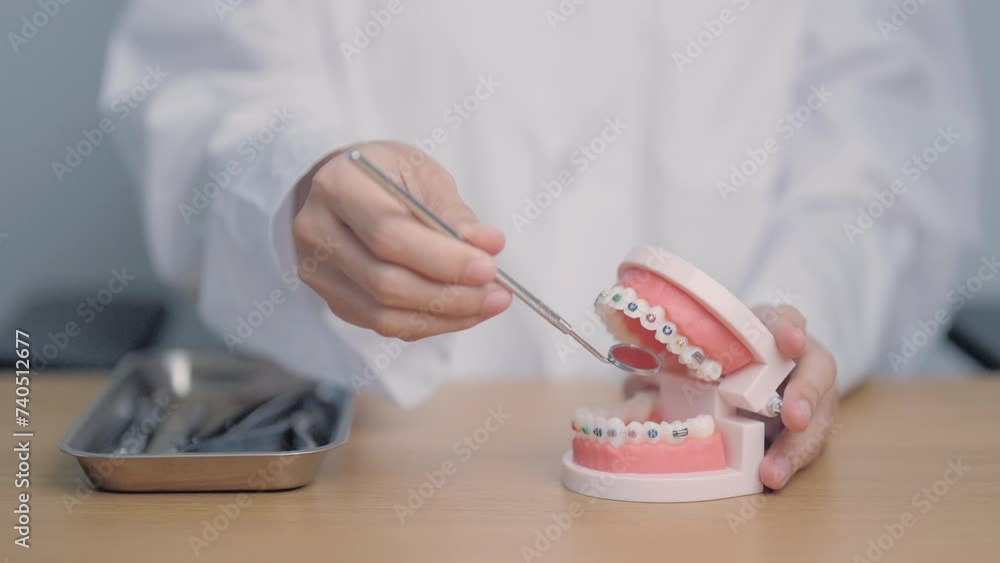 Dentist with Orthodontic tooth model and bracket or brace. Clean and ...