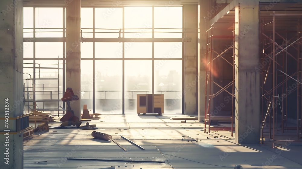 An under construction office building interior. A huge hall with ...