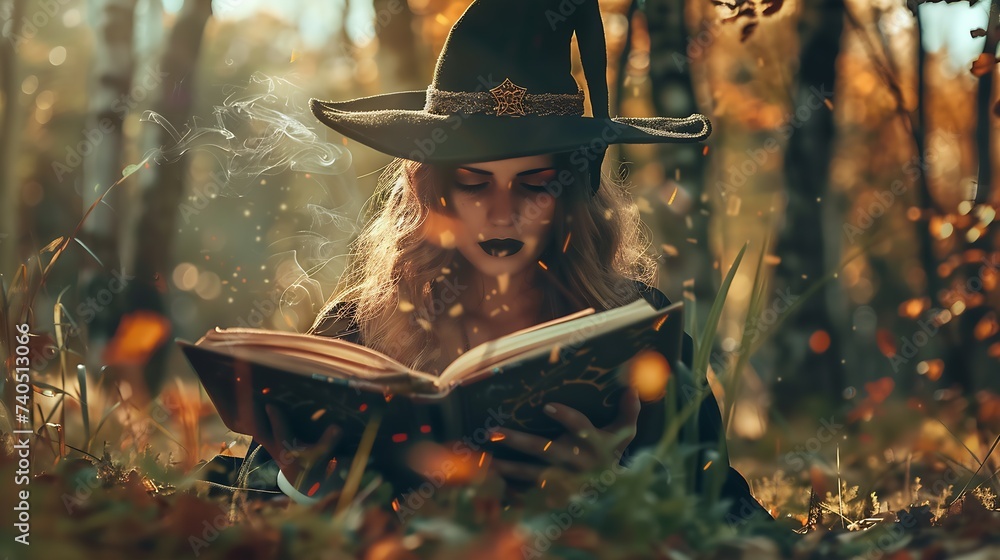 Halloween Witch girl with magic Book of spells portrait Beautiful young ...