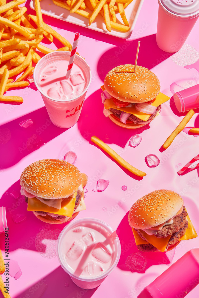 Burgers, fries and drinks in pink background. Light pink and pink. 80s ...