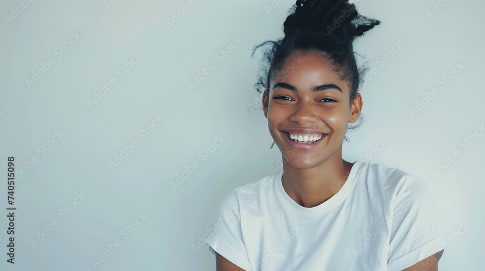 Smiling positive female with attractive look wearing loose white Tshirt ...