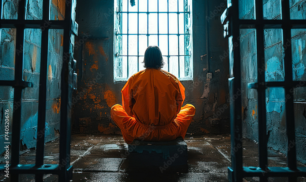 Incarcerated person in orange jumpsuit sitting alone in a bleak prison ...