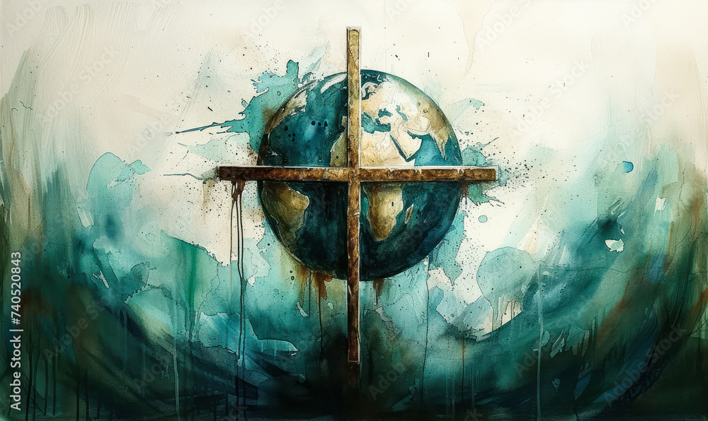 Watercolor painting of Earth cradled by a Christian cross, representing ...