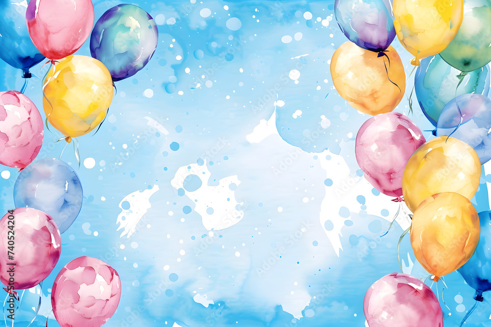Cute cartoon colorful balloons frame border on background in watercolor ...