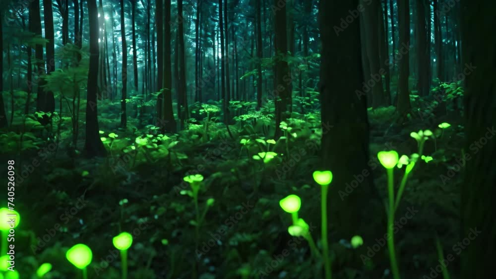 Lush green forest comes alive with vibrant plants; bioluminescent glow ...