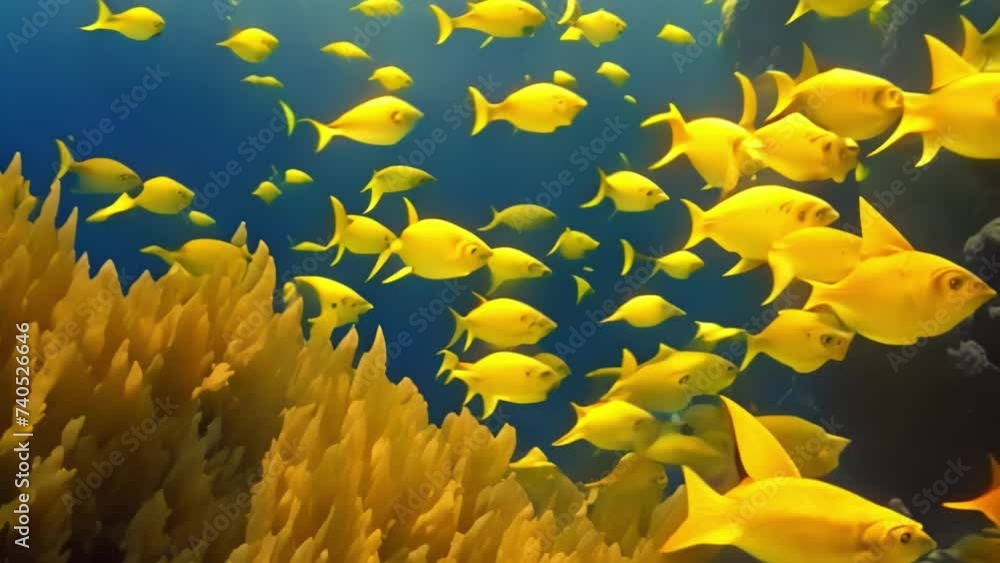 Energetic yellow fish swim in the ocean, showcasing a vibrant, dynamic ...