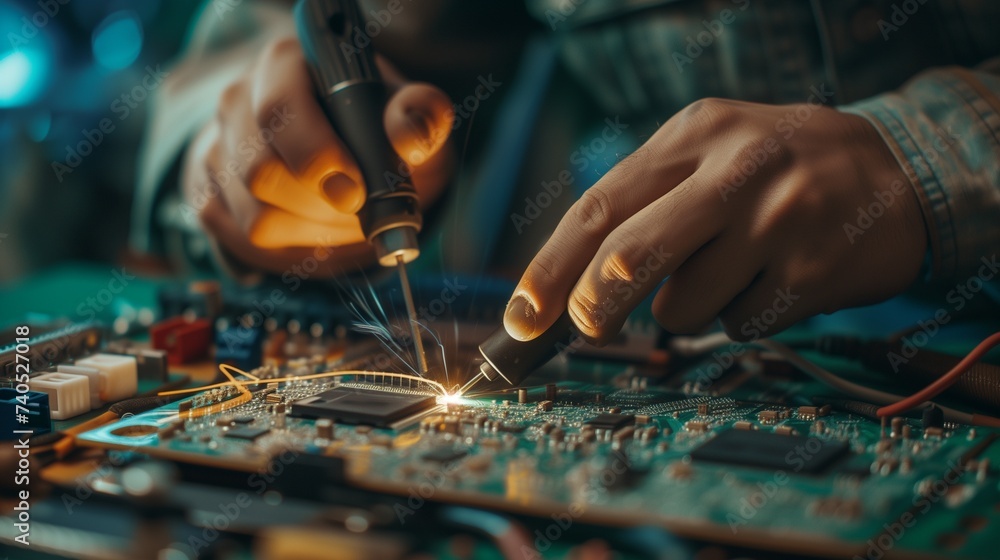 Technician repairing a circuit board. The image captures a person's ...