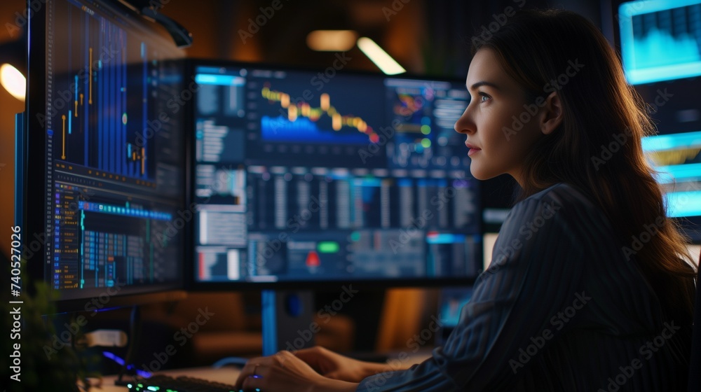 Focused woman working with multiple monitors. The image shows a ...