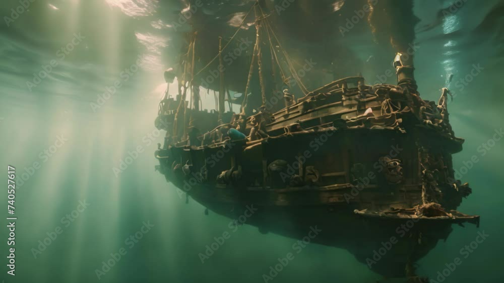 A sunken pirate ship floats in the ocean, sunlight streaming through ...