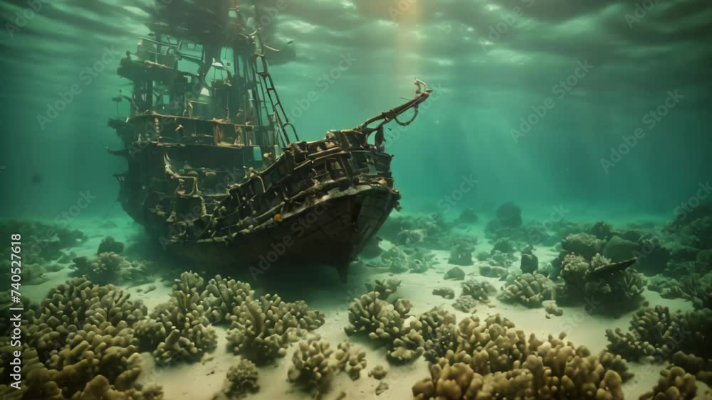 Explore a sunken pirate ship resting in the depths of the ocean, An ...