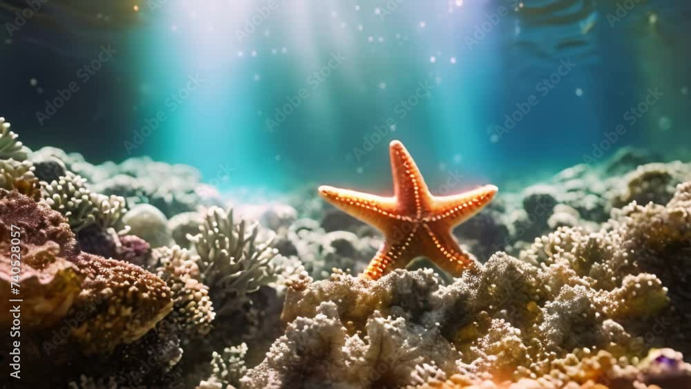 A starfish gracefully moves across a vibrant coral reef, showcasing ...