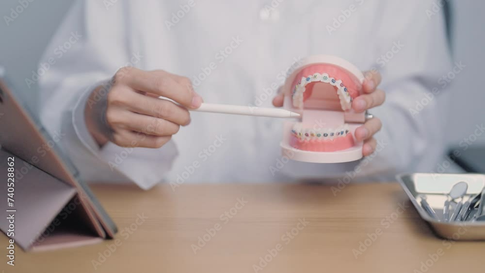 Dentist with Orthodontic tooth model and bracket or brace. Clean and ...