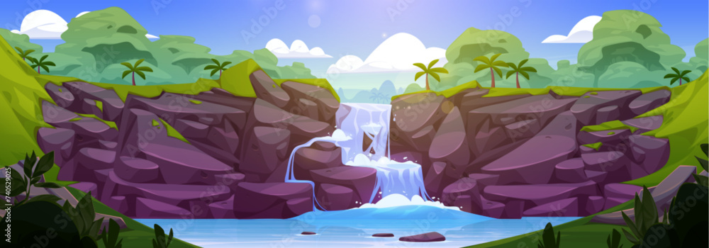 Jungle waterfall landscape. Vector cartoon illustration of river ...