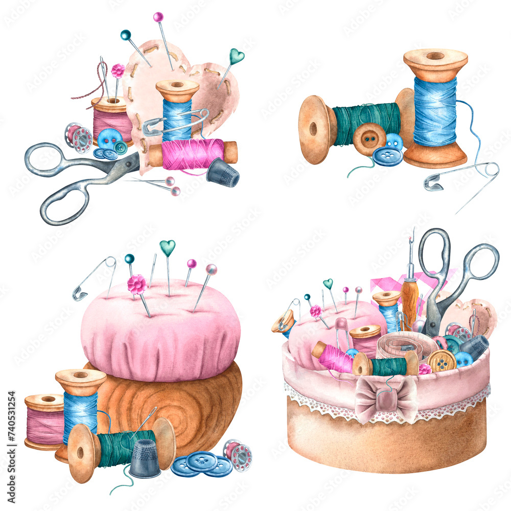 A set of items for sewing and handicrafts. Threads, box with bow ...