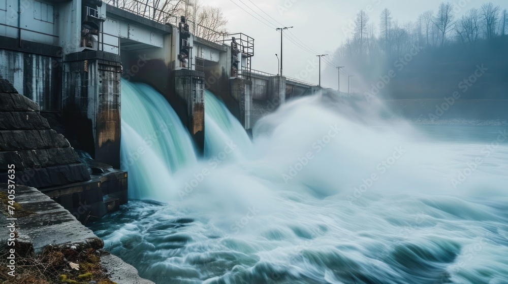 hydroelectric dam, water discharge through locks, river, power, energy ...