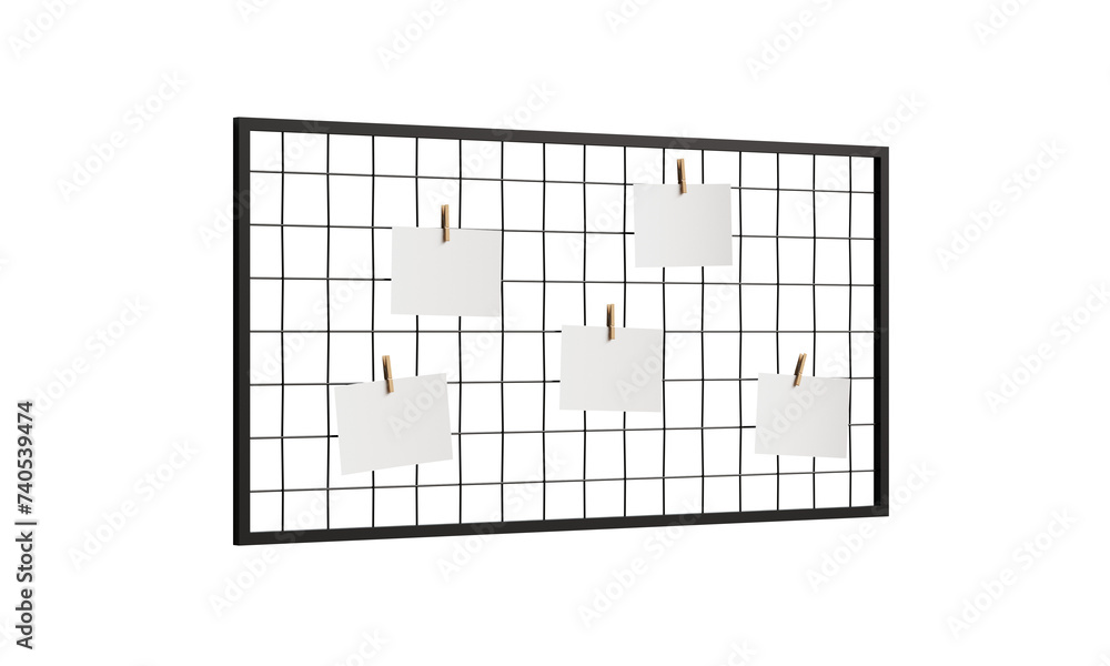 금속 프레임에 나무 집게로 걸려있는 종이 홀더 목업 Blank Paper Hanging on Metal Grid Board ...