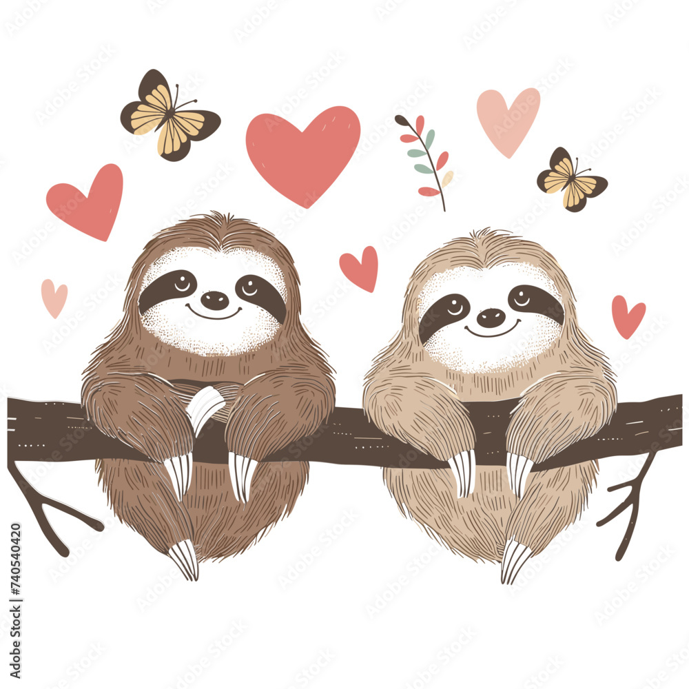 Cute Cartoon Wild Sloth Couple Lover, Colorful Flowers, Butterflies, in ...