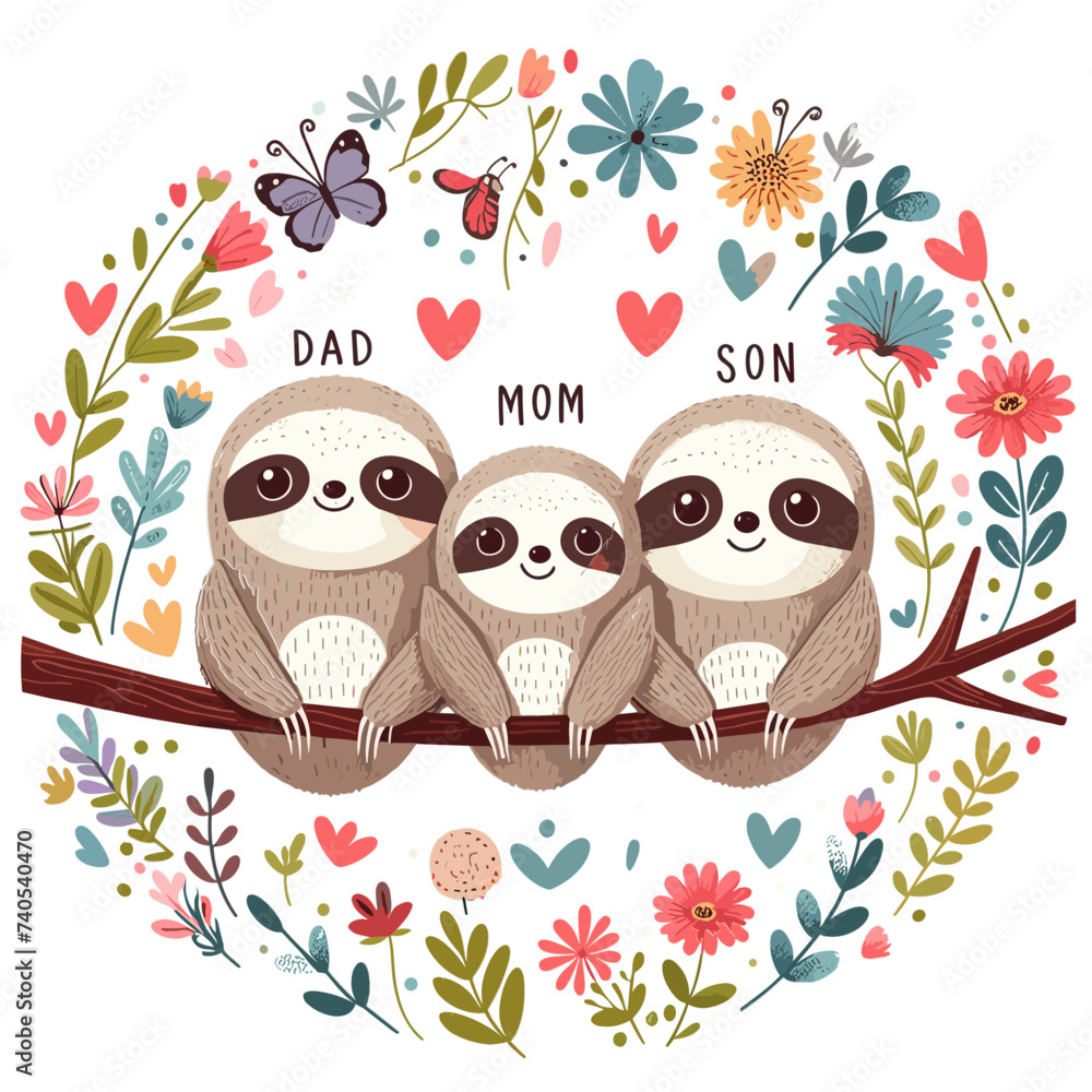 Cute Cartoon Wild Sloth Family Lover, Dad Mom Son Daughter, Vector ...
