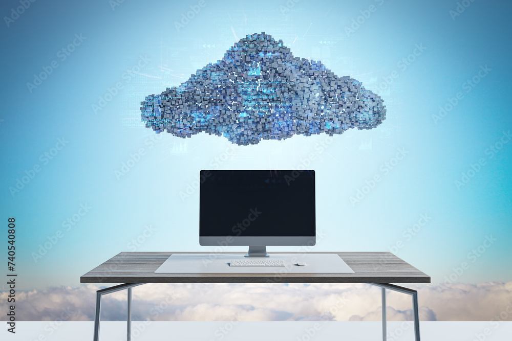 Abstract image of empty computer placed on desk under digital cloud ...