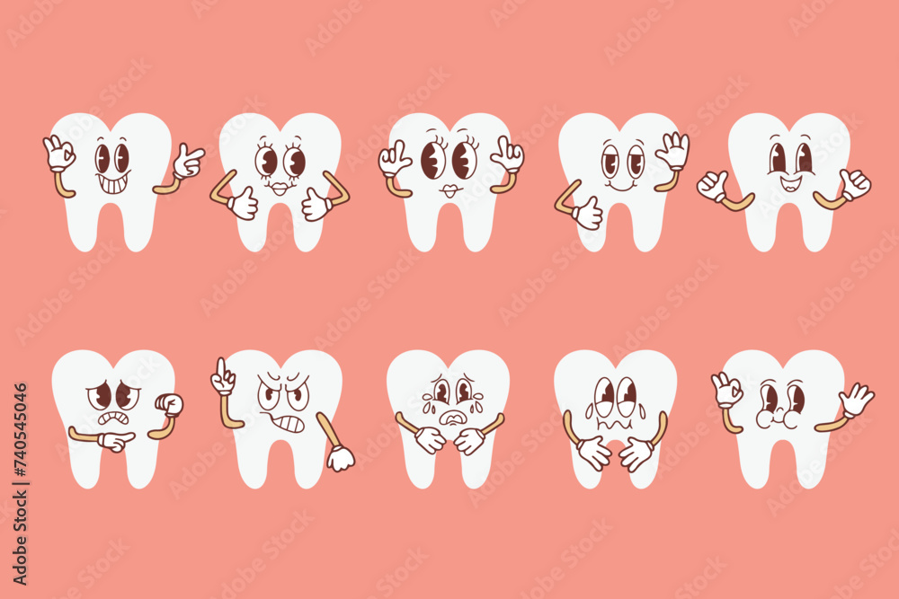 Set of groovy tooth cartoon characters. Funny healthy white molars with ...
