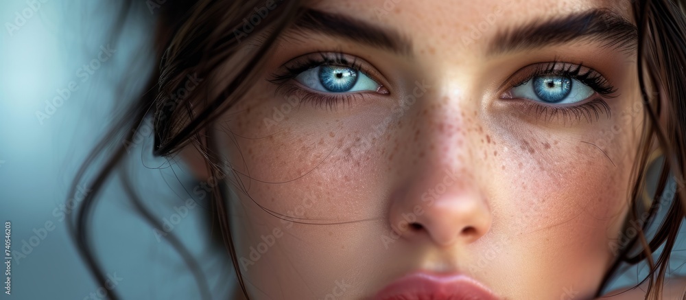 A close up of a womans face with blue eyes, freckles, and peachy skin ...