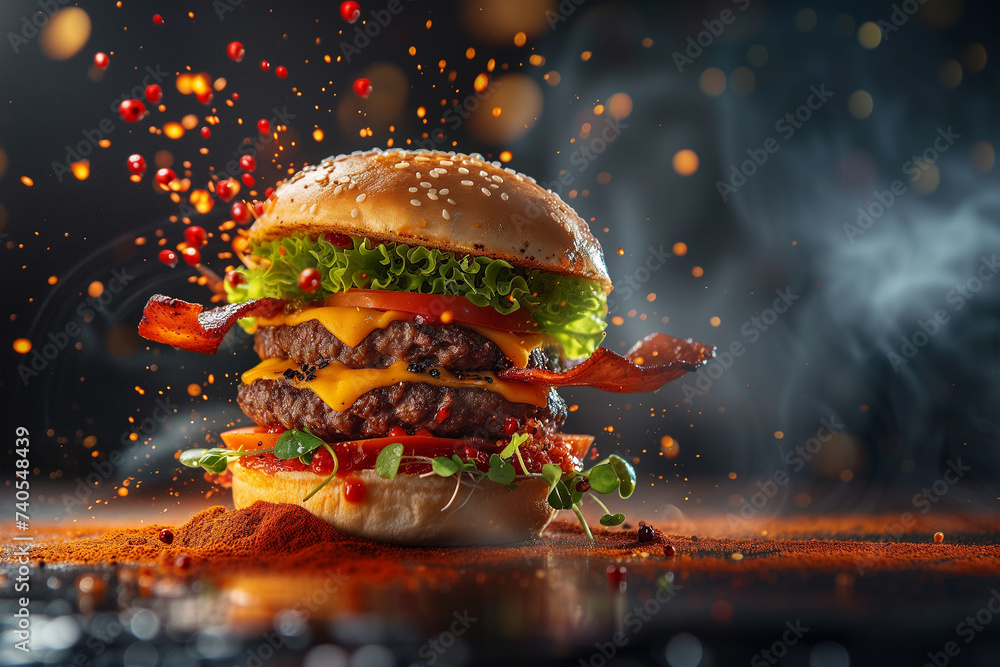 Fresh burger on a kitchen table. Burger with tomato, onion, preserved ...