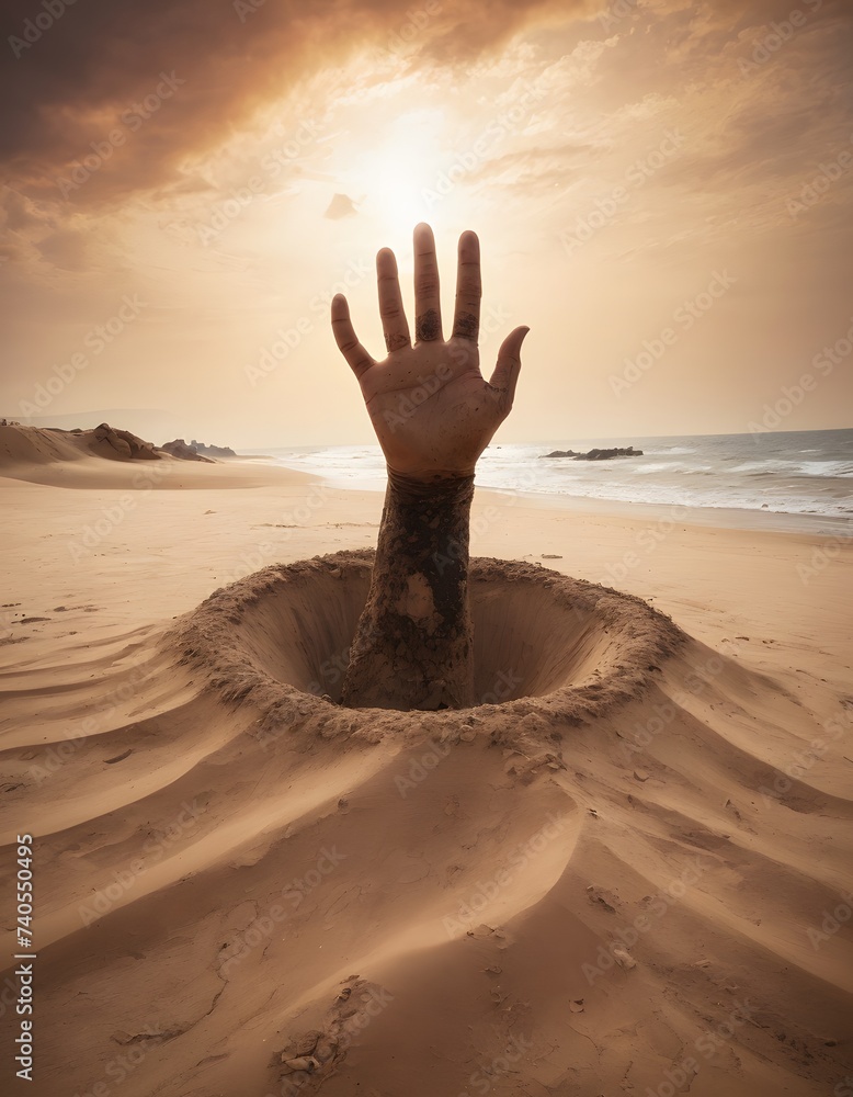 A hand emerges from a sandy hole on the beach, reaching towards the sky ...