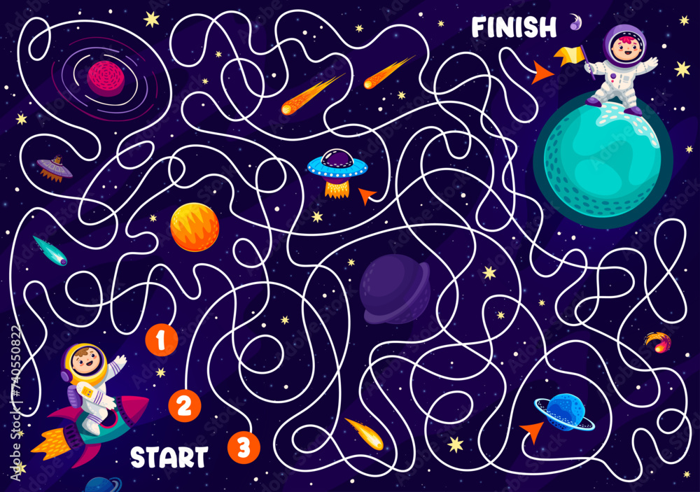 Space labyrinth maze game. Help to kid astronaut find a friend on far ...