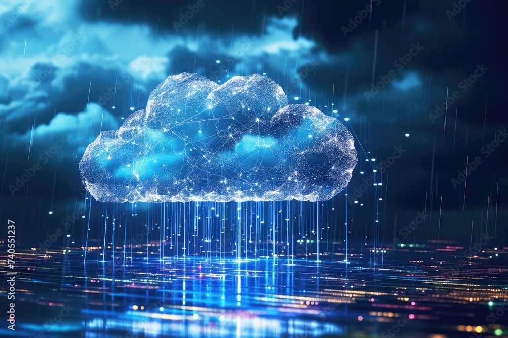 A blue cloud hangs in the sky, hovering over the illuminated buildings ...