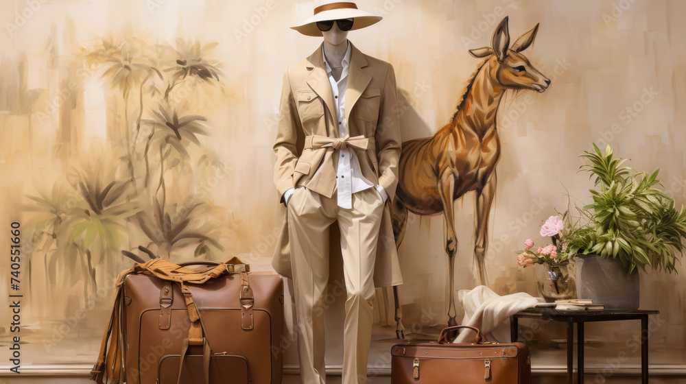 Visualize a debonair kangaroo in a tailored safari suit, accessorized ...