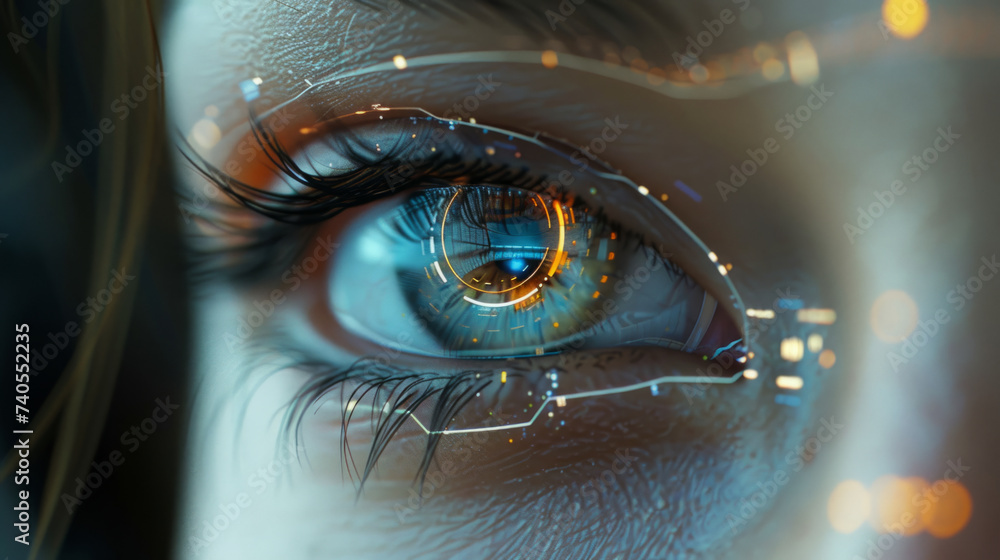 Close-up of a human eye with digital enhancements and glowing circuit ...