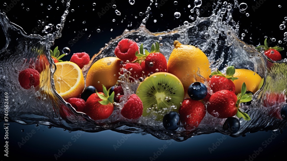 Splashing fruit on water. Fresh Fruit and Vegetables being shot as they ...
