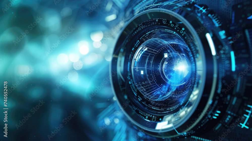 modern object with a camera lens, close-up, projection of laser ...