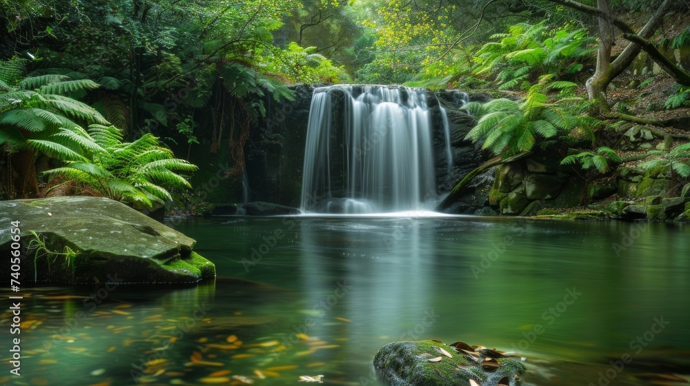 Amidst the lush jungle, a powerful waterfall cascades down a rocky ...