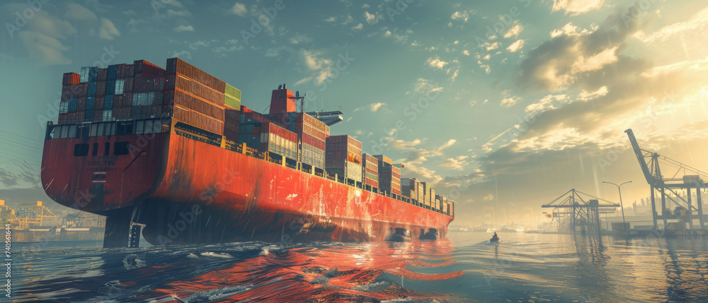 A large red cargo ship loaded with multicolored containers is shown gracefully navigating ...