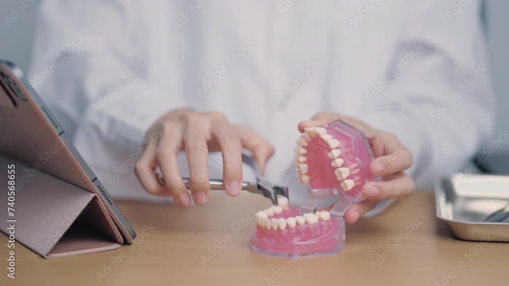 Dentist with tooth Anatomy model. Oral Teeth and disease, Scrape off ...