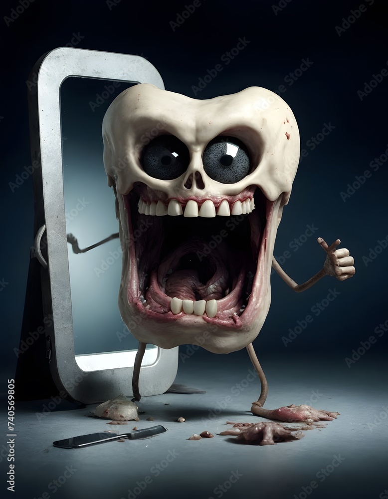 A cartoon tooth is standing in front of a mirror, giving a thumbs up ...