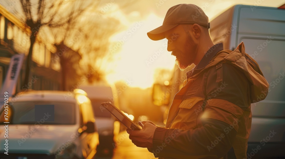 Handsome delivery man sending parcel box to customer, mail postman ...