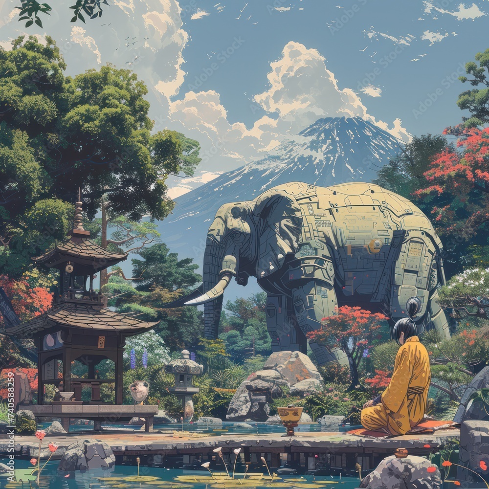 A peaceful meditation in a Zen garden with a tea ceremony juxtaposed ...