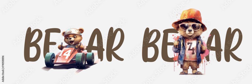 cartoon teddy bear racing car isolated on white background. Vector ...