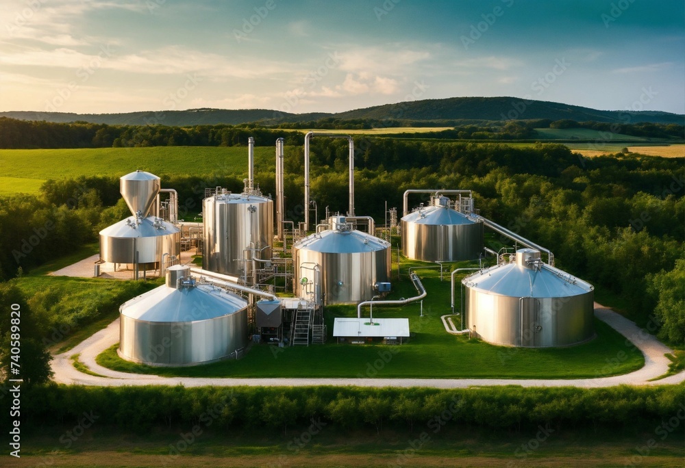 Photo of a brewery style factory with stainless steel tanks in a green ...